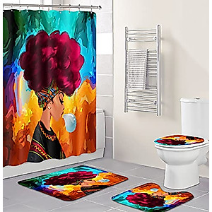 Classic African American Shower Curtains for Bathroom, 4PCS Bathroom Sets Include 1 Fabric Shower Curtain, 2 Non-Slip Bathroom Rugs and 1 Toilet Lid Cover, Black Girl Bathroom Decor (Red)