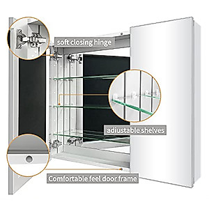 FOMAYKO Aluminum Bathroom Medicine Cabinet with Farmhouse Silver Metal Framed 30(H) x26(W) Inches Double Door Recess or Surface Mount Mirror Cabinet for Bathroom Toilet Kitchen