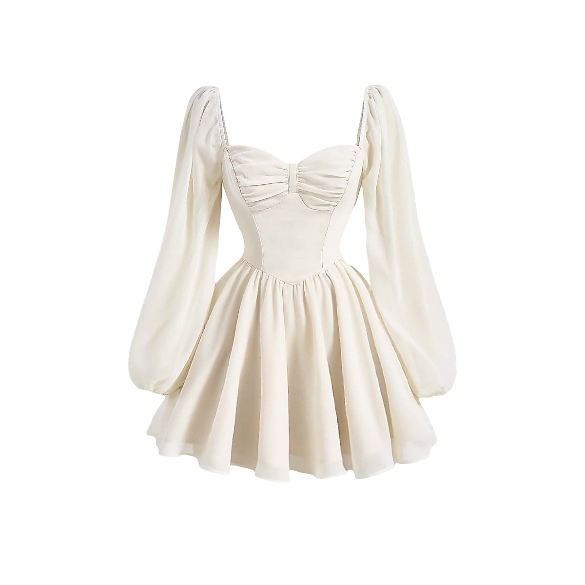 Verdusa Women's Long Sleeve Sweetheart Neck Lantern Sleeve Ruched Bust Ruffle Trim Mini Dress White XS