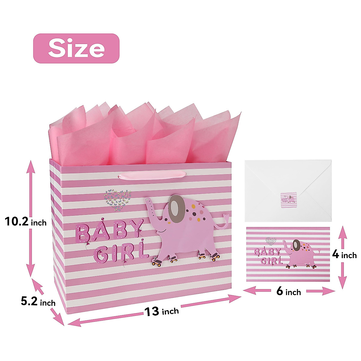 13" Large Pink Gift Bag Set with Greeting Card and Tissue Paper(3D elephant) for Baby Girl,Baby Shower,Kids Birthday Party,Newborn,New Moms or Parents-13” x 5.2” x 10.2”, 1 Pcs.