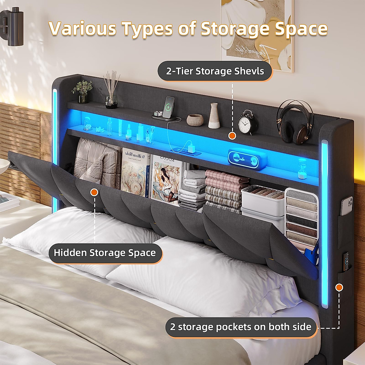 busyaeh King Bed Frame and Headboard with Storage, King Size Bed Frame with LED Lights & Charging Station, Upholstered King Bed Frame, No Noise, No Box Spring Needed, Easy Assembly