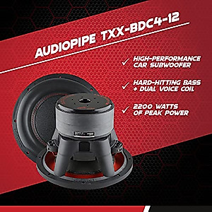 AudioPipe TXX-BDC4-12 12 Inch 2,200 Watt High Performance Powerful 4 Ohm DVC Vehicle Car Audio Subwoofer Speaker System, Black (2 Pack)