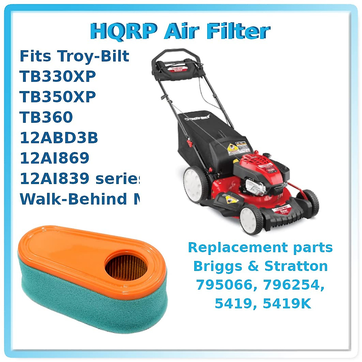 HQRP 2-Pack Filter Cartridge & Pre-Cleaner compatible with Troy-Bilt TB330XP TB350XP TB360 12ABD3B 12AI869 12AI839 Series Walk-Behind Mower