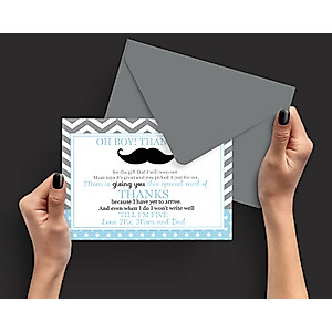 15 Mustache Thank You Cards with Grey Envelopes - Stationery for Boys Baby Shower - Dapper Chevron Stripes