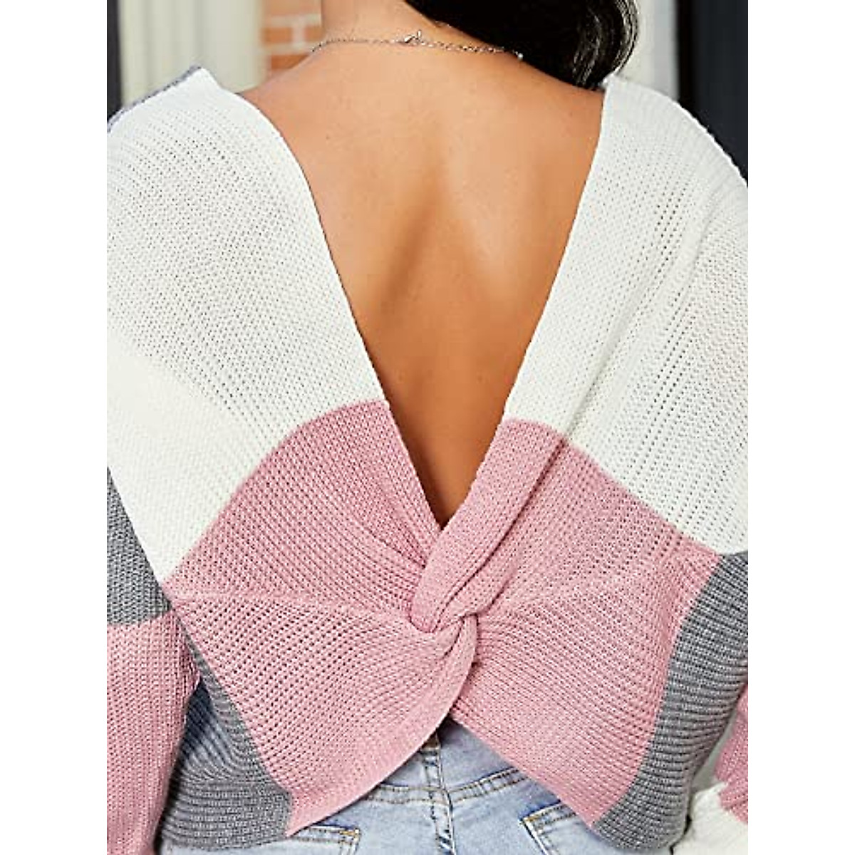 ZAFUL Women's Fashion Colorblock Sweater Knot Back V Neck Sexy Knit Pullover Long Sleeve Top (0-Multi, M)