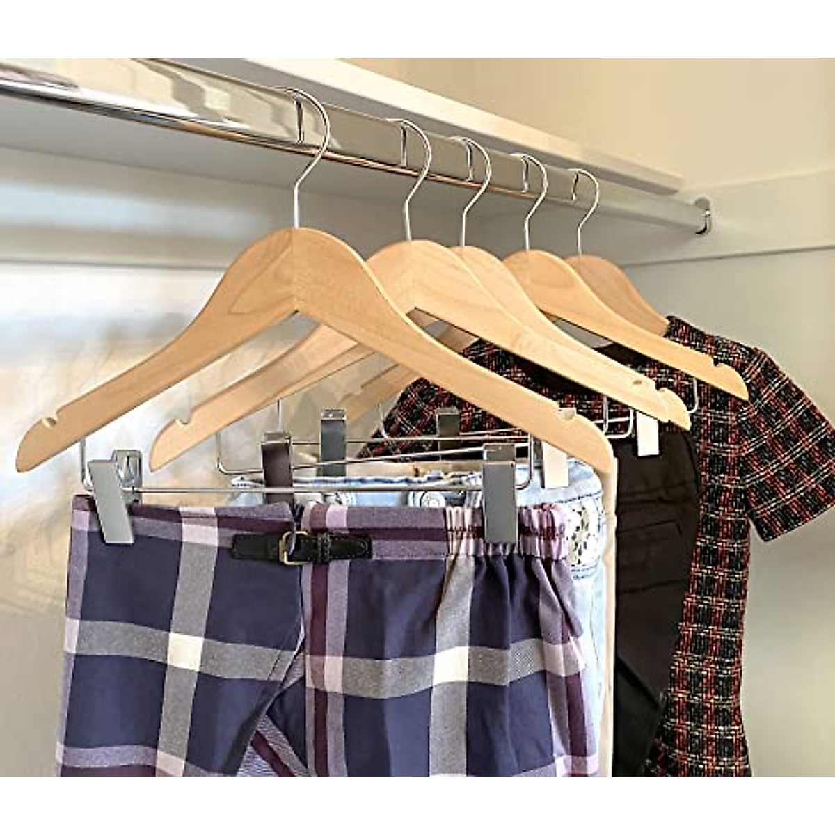 Kids Hangers with Metal Clips Pant Bar 4T-10 (Natural Wood)