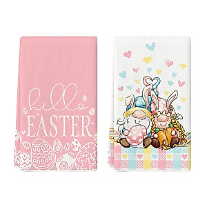 Artoid Mode Gnome Bunny Rabbit Eggs Pink Hello Easter Kitchen Towels Dish Towels, 18x26 Inch Seasonal Spring Decoration Hand Towels Set of 2