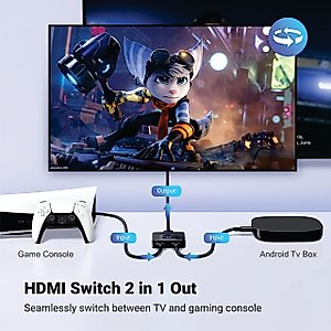 S3 Pro Android Tv Box Power up with Hdmi Gold Plate OLED 4K Extra Air Mouse 2.4GHz Mini Keyboard HDMI Switcher/Splitter 2 Input 1 Output Supports 4K HDR Compatible with PS5, PS4, Xbox, Switch, PC