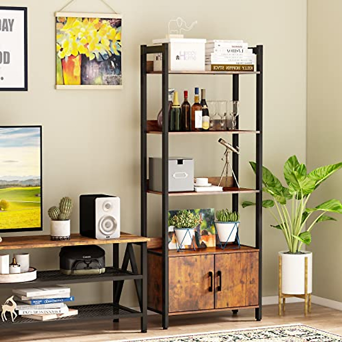 Furologee Bookshelf and Bookcase with Doors, Tall 61" Free Standing Display Shelving Units with 4-Tier Shelves, Industrial Storage Cabinet for Home Office, Living Room, Bedroom, Bathroom, Rustic Brown