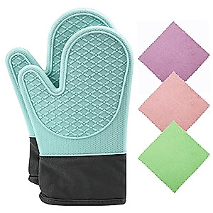 MKLINSIYU Silicone Kitchen Oven Mitts，Heat Resistant 500 Degrees，Oven Mitts Set，Waterproof Flexible Glove and Quilted Liner for Oven Cooking, Grill & BBQ (Mint Green), 12 x 5.7 x 0.75 inches