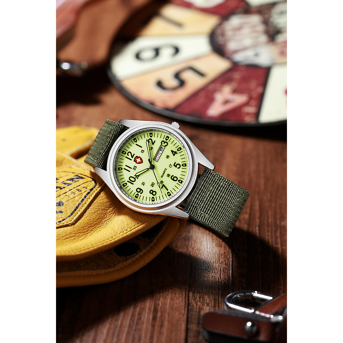 Gosasa Unisex Military Watches Sport Textile Nylon Strap Luminous Fashion Watch Analog Display Quartz Waterproof Casual Wristwatch (Green Luminous)