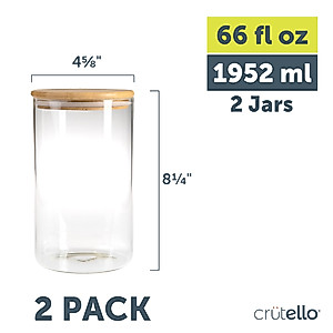 Glass Food Storage Containers with Bamboo Lids, 2 Pack - 66 oz Airtight Clear Kitchen Organization Canisters, Glass Storage Jar With Bamboo Lid
