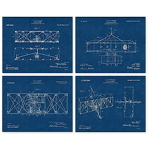 Vintage Airplane Flying Machine Patent Prints, 4 (8x10) Unframed Photos, Wall Art Decor Gifts Under 20 for Home Wright Brothers Office Man Cave Garage School Student Teacher Coach USA Invention Fans