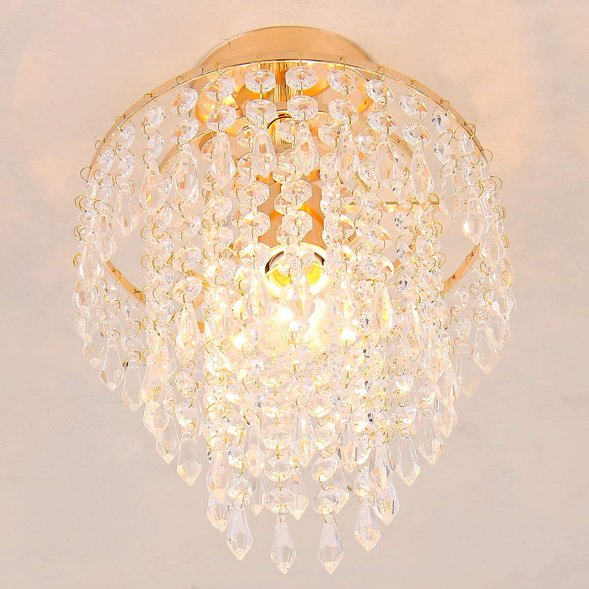 FRIXCHUR Mini Size Crystal Chandelier Modern Flush Mount Ceiling Light 3 Tiers Raindrops Crystal Pendant Lighting Fixture Decoration for Bedroom Hallway Living Room,E26 Base,Gold