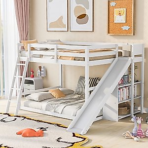 CITYLIGHT Full Over Full Bunk Beds with Slide, Wood Full Bunk Bed with Storage Shelves & Ladder,Floor Bunk Bed Full Size for Kids Girls Boys, White