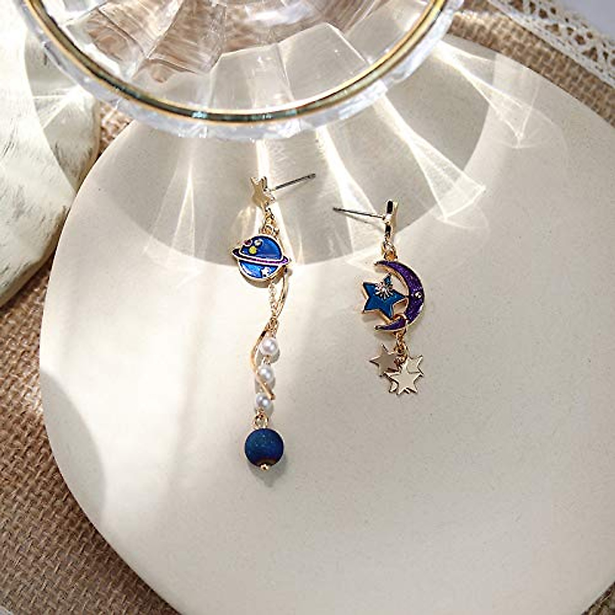 Original Cloud Moon Planet Star Creative Long tassels Dangle Earrings 18K Gold Plated Asymmetrical AB Earrings For Women Girls (Style 4)
