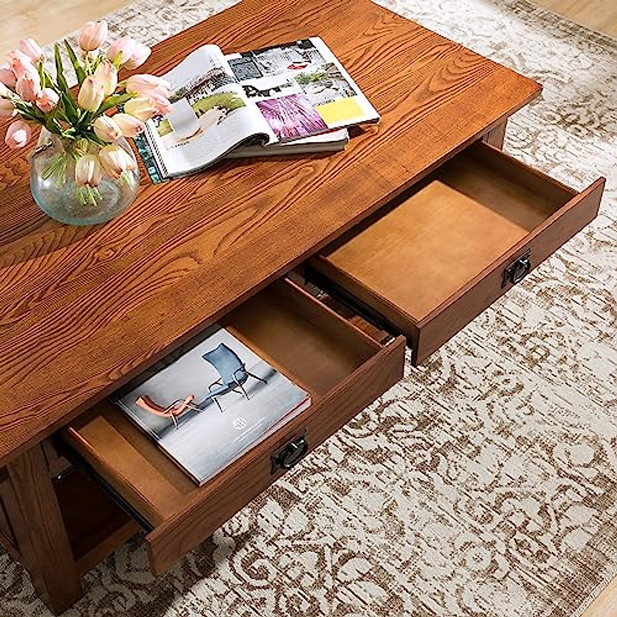 Leick Home 8204 Mission Impeccable Coffee Table for Living Room, Two Drawers and Shelf, Made with Solid Wood, Medium Oak Finish