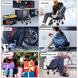 XIHUAN Low Height Rolling Stool with Wheels PU Leather Rolling Stool with Back Crystal Universal Wheels for Home Cleaning Garage Fix Stool Outdoor Picnic Salon Office Working Black