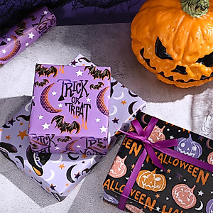 RUSPEPA Halloween Wrapping Paper Rolls - Mini Roll - Perfect for Halloween, Autumn, Holiday - 17 inches x 10 feet per Roll, Total of 3 Rolls - Bat, Pumpkin, Witch Hat