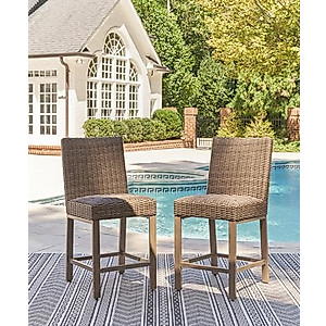 Signature Design by Ashley Walton Bridge Casual Weather Resistant Armless Cushioned Indoor/Outdoor Bar Stool with Cushioned Seat, Set of 2, Light Brown
