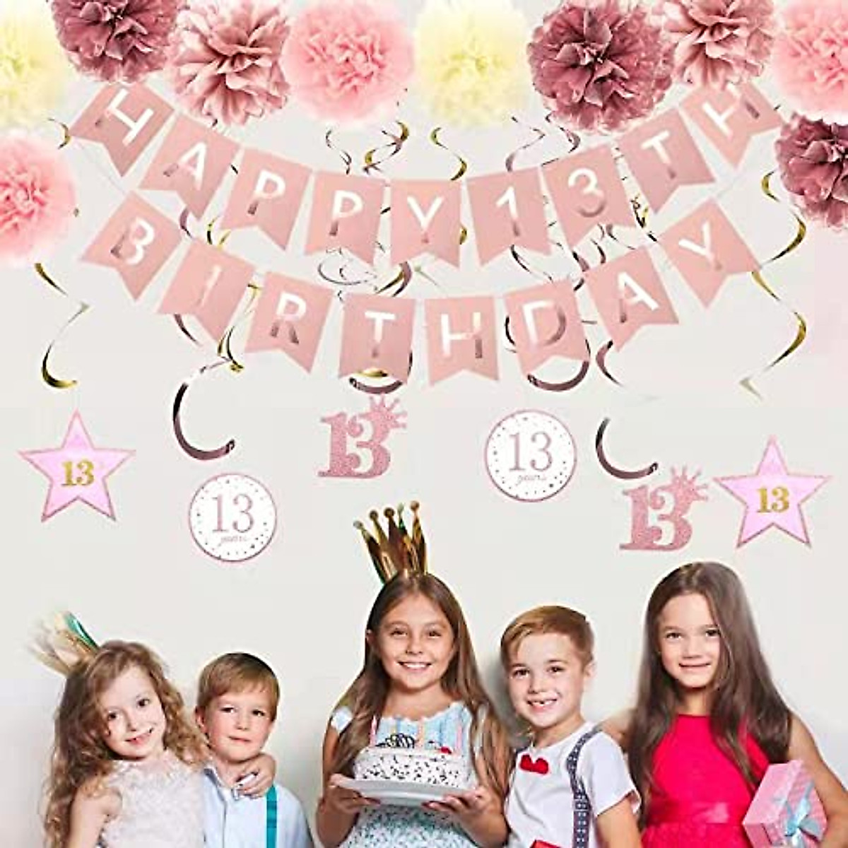 GuoZhiXin Rose Gold 13th Birthday Party Decors , Rose gold Glittery Happy 13th Birthday Banner,Poms,Sparkling Hanging Swirls Kit for 13th Birthday Party Supplies