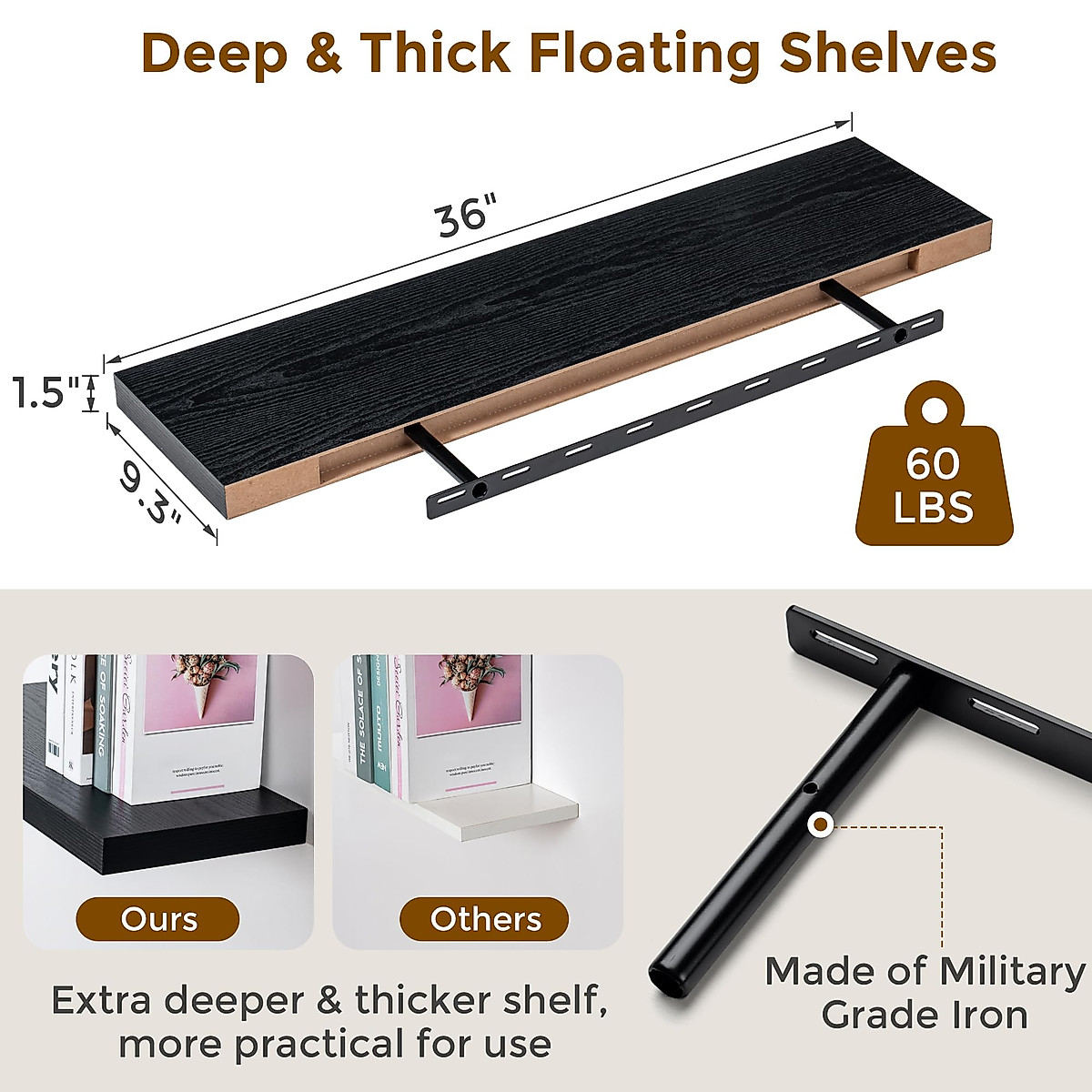 Floating Shelves Black 36 Inch Long, 9" Deep Floating Shelf Wall Mounted, Rustic Deep Bookshelf, Large Display Storage Shelves for Bathroom, Bedroom, Kitchen, 36"W x 9"D x 1.5"H, Set of 2