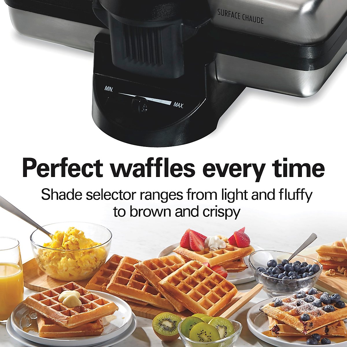 Hamilton Beach Belgian Mini Waffle Maker with Shade Control, Makes 2 at Once, Create Personalized Keto Chaffles and Hash Browns, Non-Stick Plates, Compact Design, Stainless Steel