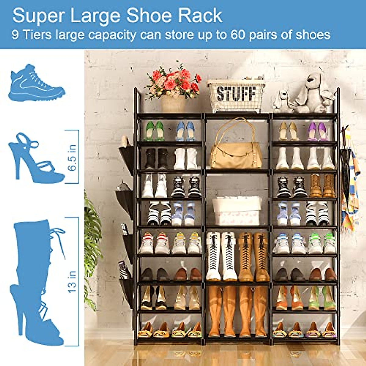 Huolewa Large Shoe Rack Storage Organizer, 4 Row/3 Row 9 Tier Large Shoes Rack for Entryway Closet, Free Standing Shoes Shelf Stand