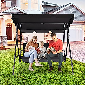 3-Seats Outdoor Patio Swing Chairs with Adjustable Tilt Canopy & Durable Steel Frame, Porch Swing Outdoor Swings for Adults, Removable Cushion, Best for Garden, Yard & Balcony (Black)