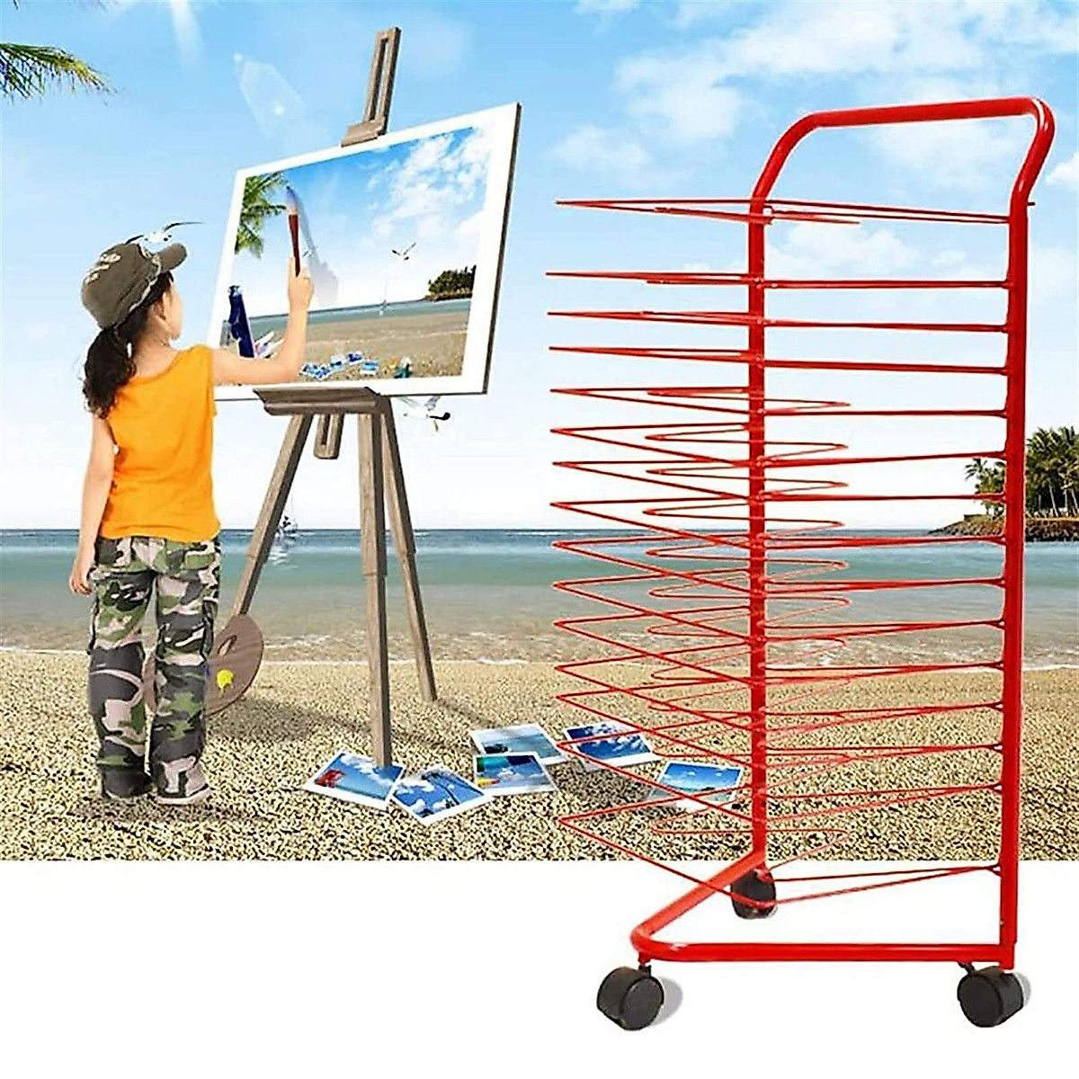 JIAHESHYP Art Drying Rack, 16-Shelf Mobile Drying Rack with 16 Wire Shelves for Mobile Classrooms Art Studios and Home Use, Drying & Print Racks, Red