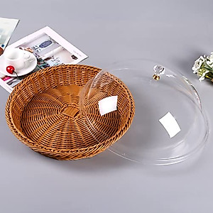 YOUEON Imitation Rattan Bread Basket with Acrylic Dome Cover, 12 Inch Round Woven Fruit Basket Handmade Poly Food Serving Basket for Bread, Snacks, Vegetable, Food