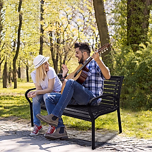 FunMay Patio Bench, Black Steel and WPC, Durable Outdoor Seating