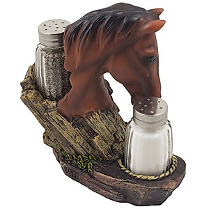 Home 'n Gifts Chestnut Resin Shaker Set with Horse Holder, 3 Pieces, 6 x 3 x 2 inches, Western Ranch Decor, Country Farm Kitchen Table Centerpiece, Gift for Farmers