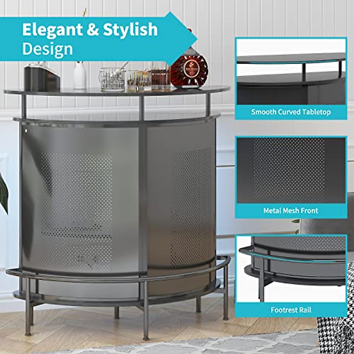 CECER Wine Bar Cabinet with 4 Tiers Storage | RGB LED Light Metal Mesh Industrial Buffet Coffee Counter with Red Wine Rack | Modern Iron＆Wood Mini Liquor Cabinet with Footrest for Home Black