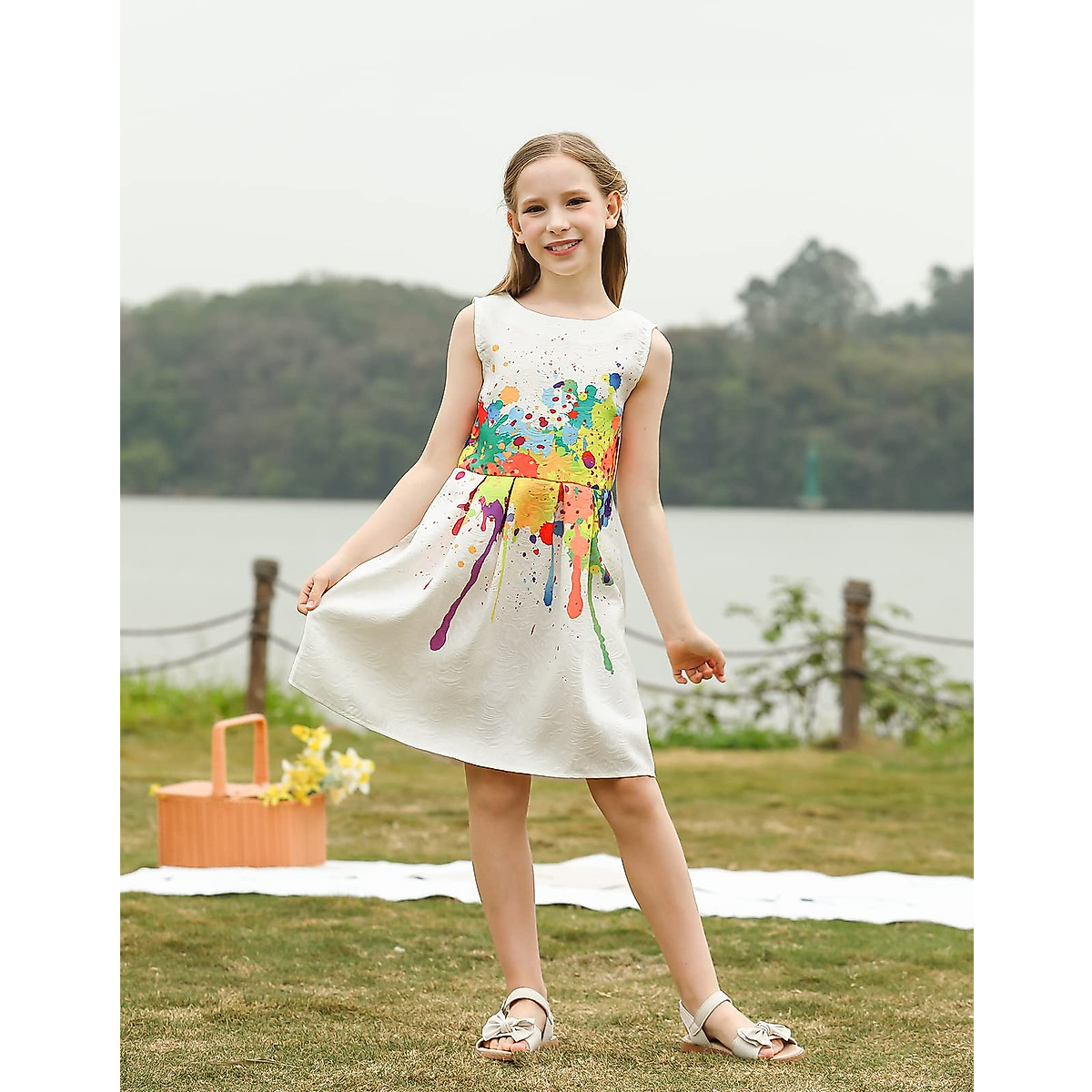 21KIDS Creative Art Colorful Paint Print Dress for Summer Girls Casual Size,8,Art Paint