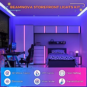 BEAMNOVA RGB Commercial Storefront Light Kit 40Ft Window Lights Modules with Remote, Bluetooth Control Box DC 12V Power Supply Transformer Adhesive Waterproof Outdoor Strip Lights