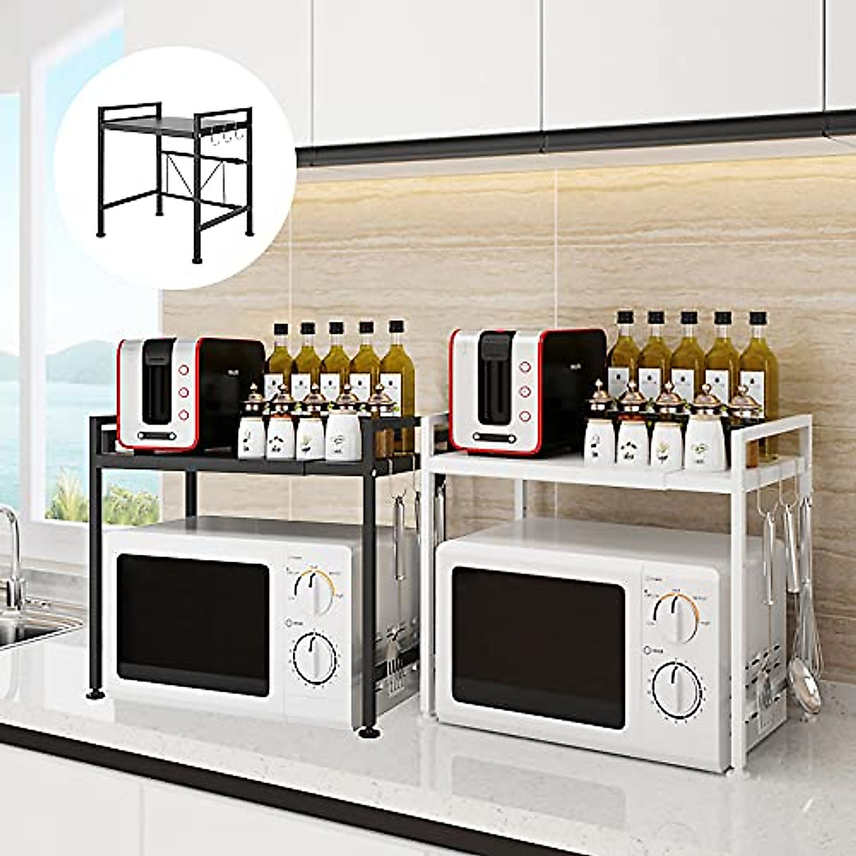 TBVECHI Microwave Oven Rack, 2 Tier Stainless Steel Microwave Stove Expandable Microwave Shelf Space-Saving Shelf and Organiser for Kitchen Worktops with 3 Hooks (White) (2 Tier White)