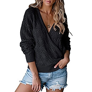 MEROKEETY Womens Deep V Neck Wrap Sweaters Long Sleeve Crochet Knit Pullover Tops, Black, Large