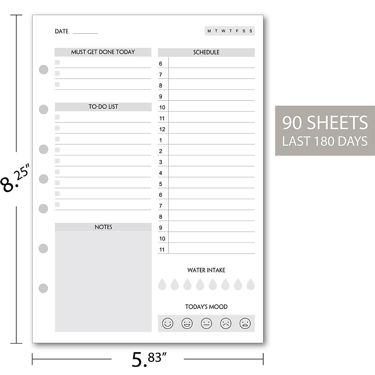 To Do List Paper Undated with Daily Schedule, Day Priorities, Notes and Water Tracker, 7-Hole Punches, 5.5"x8.5"