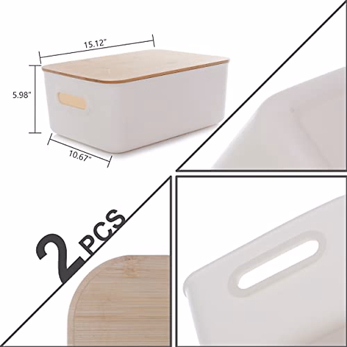 Citylife 2 PCS Storage Bins with Bamboo Lids Plastic Storage Containers for Organizing Stackable Storage Box with Handle, 15.12 x 10.67 x 5.98 inch