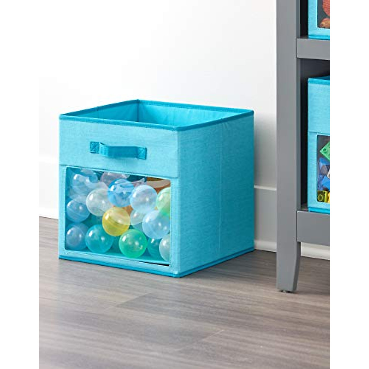 iDesign Emmy Fabric Storage Cube Bin with Front Window, Medium Basket Container with Dual Side Handles for Closet, Bedroom, Toys, Nursery - Teal