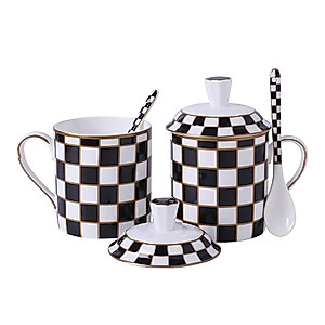 Porlien Checker Pattern Mug Set of 2 with Lid and Spoon, 15oz, Matching Checker Dinnerware Set