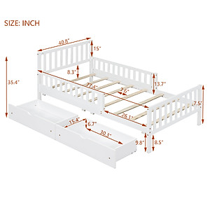 NCKMYB Kids Twin Bed with Guardrails, Low Platform Bed with Headboard and Footboard, White Children Bed Frame with 2 Drawers for Boy Girl
