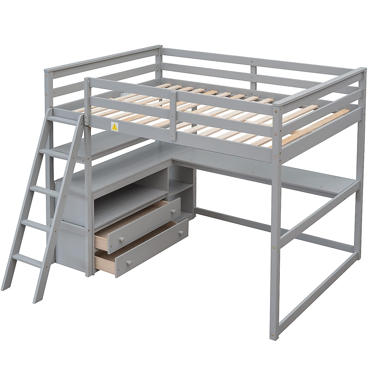 Full Loft Bed with Desk and Storage Drawers, Wood Full Size Loft Bed with Storage Shelves, Angled Ladder and Wood Slat Support, High Loft Bed for Kids, Teens, Adults Boys & Girls, Gray