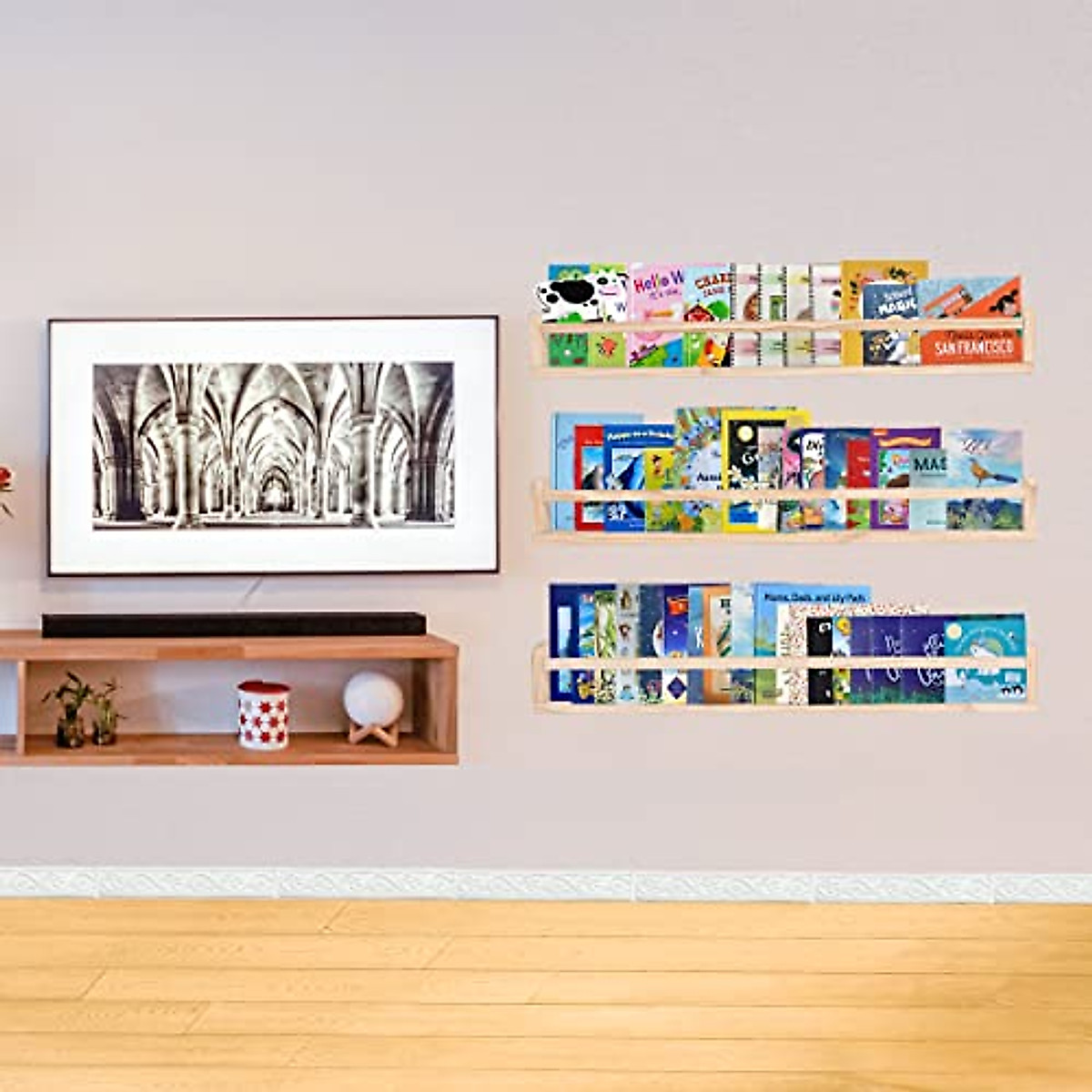 MBYD 36 Inch Wall Bookshelf Set of 3 Same Dimensions, Handmade Natural Wood Floating Bookshelves, Nursery Shelves, Kitchen Spice Rack or Bathroom Organizer