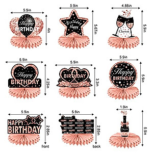 Rose Gold Birthday Decorations Table Honeycomb Centerpiece, Happy Birthday Table Party Supplies for Women, Sweet 16 21st 30th 40th 50th 60th Birthday Theme Table Topper Sign Decor