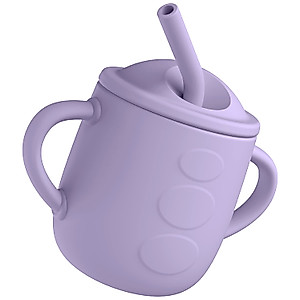 Linshuma Silicone Baby Training Cup, Toddler Straw Sippy Cup, Kids trainer Cup Spill & Non-Slip with 2 Handles BPA Free, Open Cup for 6 months+ Babies Cute 150ML Purple