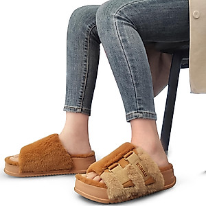 KuaiLu Womens Fuzzy Platform Open Toe Slippers with Arch Support Fluffy Furry Slides Orthotic Faux Fur Sandals house Indoor Outdoor Camel Size 9