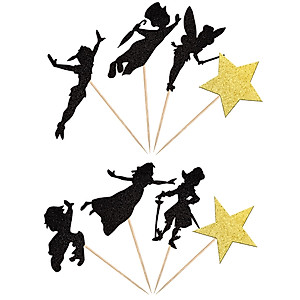 24 PCS Peter Pan Cupcake Toppers Glitter Star Do Not Grow Up Night Fairy Tales Neverland Elf Girl Cupcake Picks for Baby Shower Birthday Party Cake Decorations Supplies Gold Black