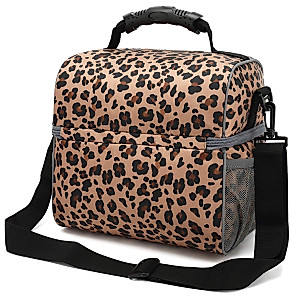 FlowFly Double Layer Cooler Insulated Lunch Bag Adult Lunch Box Large Tote Bag for Men, Women, With Adjustable Strap,Front Pocket and Dual Large Mesh Side Pockets,Leopard